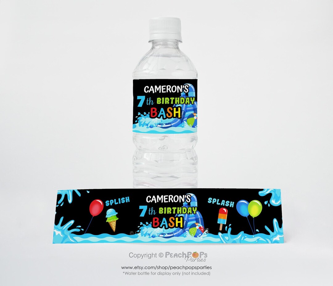 Editable Waterslide Water Bottle Sticker Label Splash Birthday Bash ...