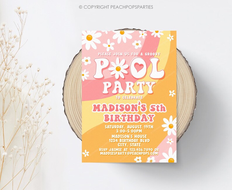 Editable Retro Pool Party Invitation Daisy Boho Invite Summer - Etsy