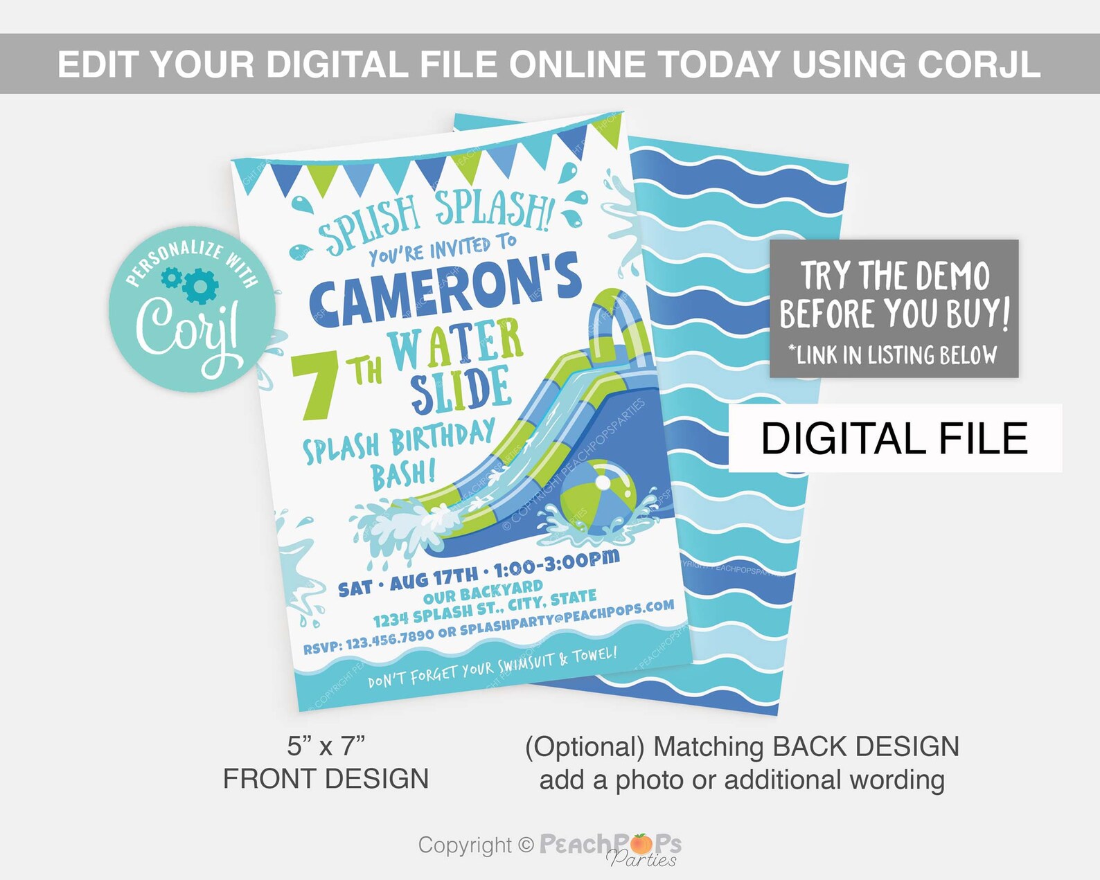 Water Slide Birthday Invitation DIGITAL Waterslide Bash Pool Party ...