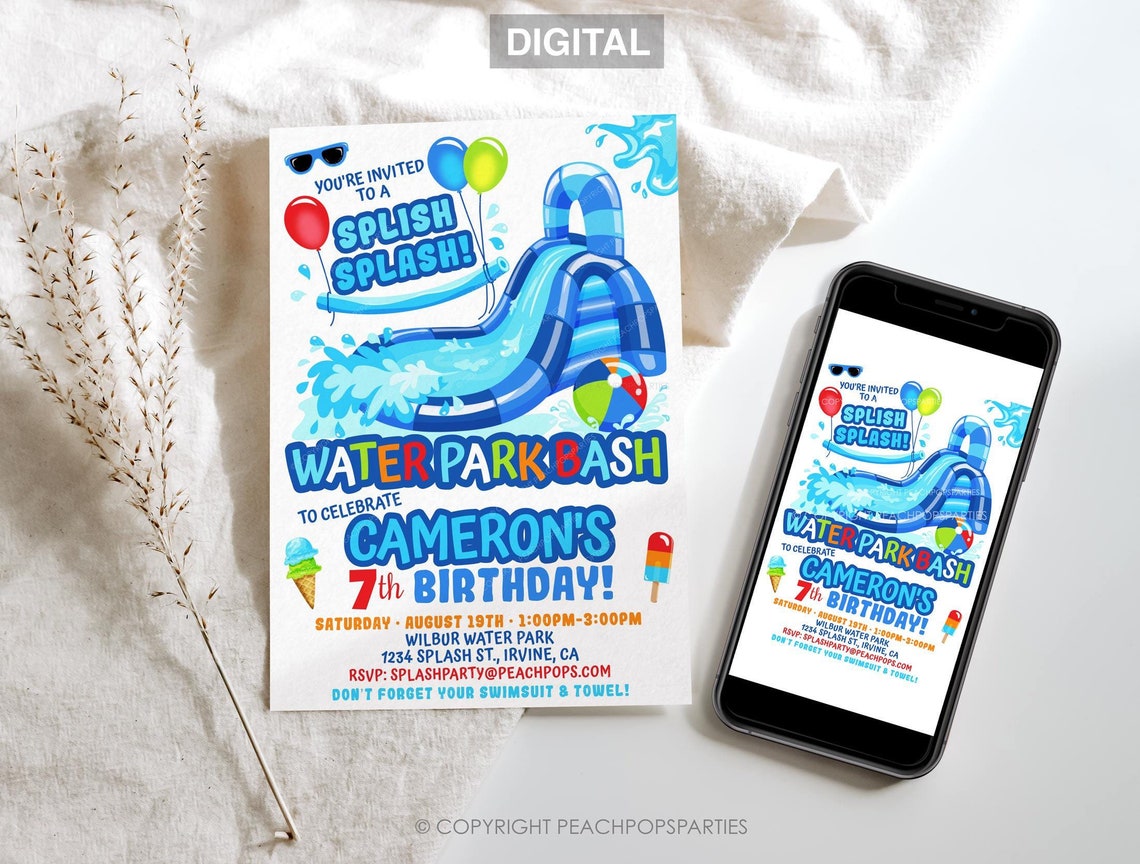 Editable Water PARK Invitation Water Slide Birthday Splash Party Invite ...