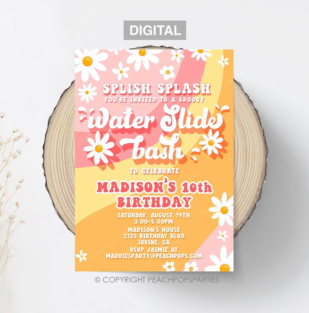 Editable Retro Water Slide Invitation Waterslide Birthday Invite Summer ...
