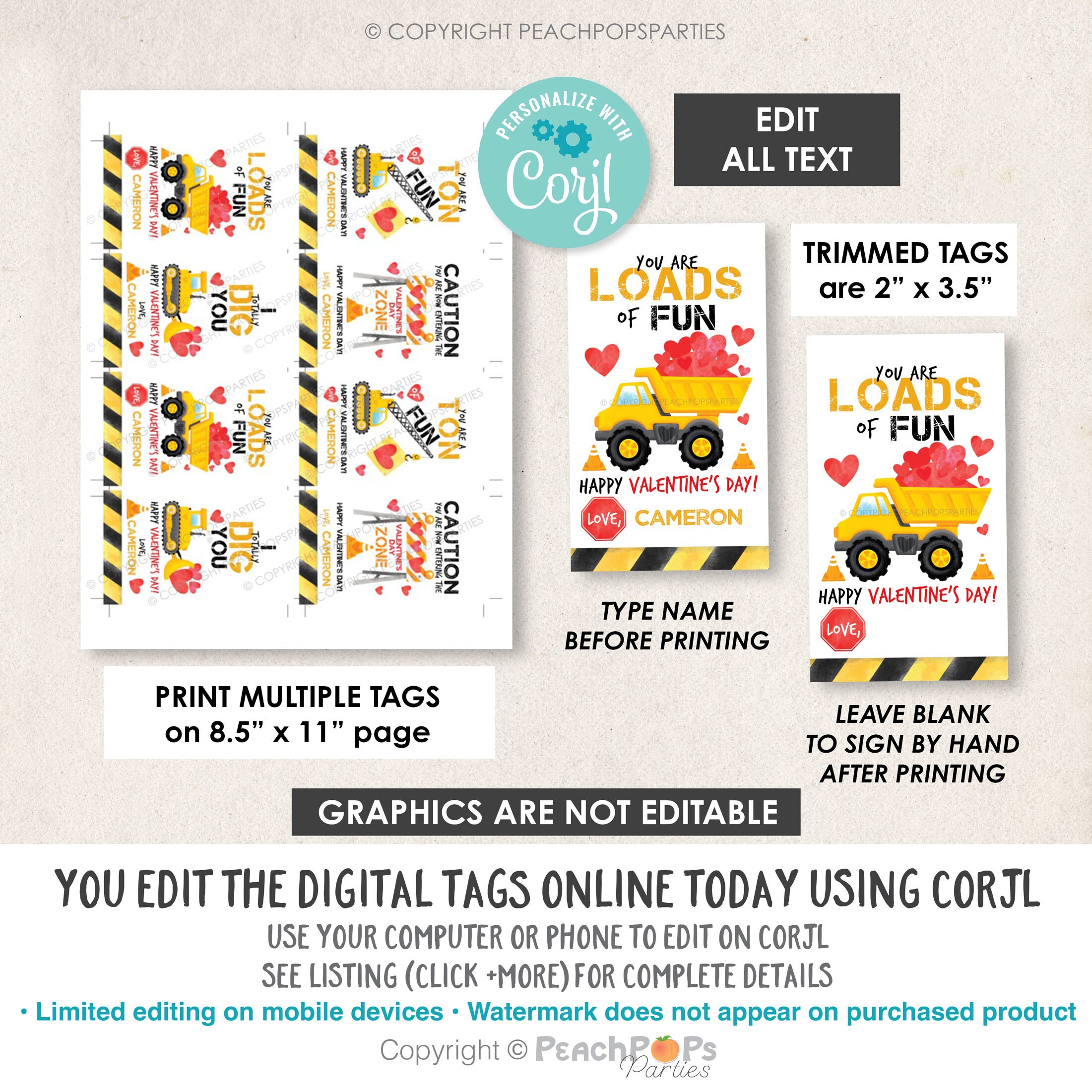 Printable Construction Valentine Cards, Classroom Valentine’s Day Tags ...