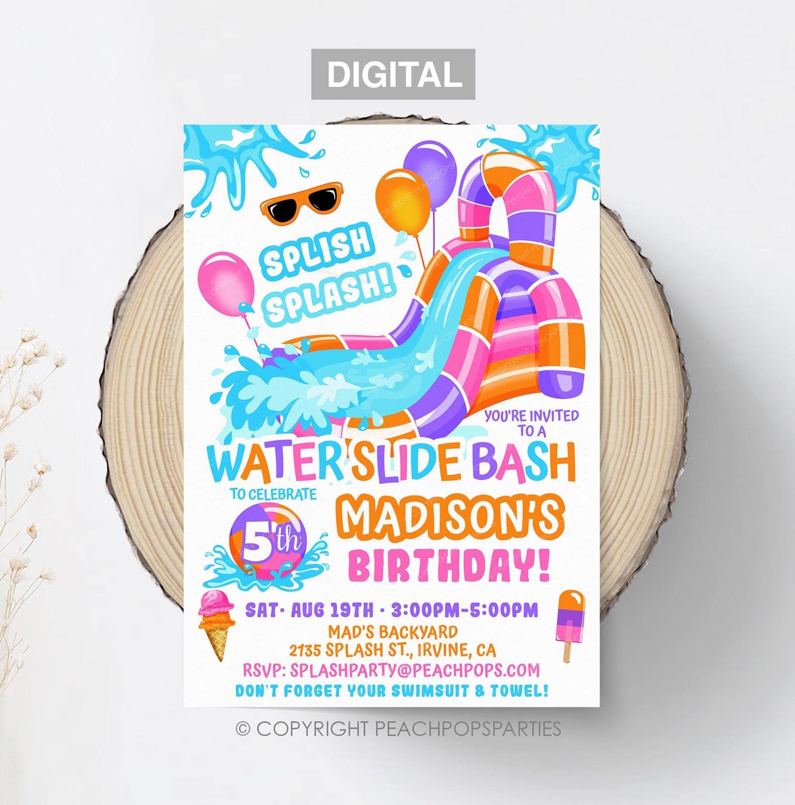 Editable Water Slide Invite Waterslide Invitation Birthday Splash Party ...