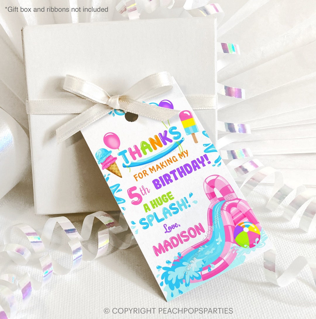 Editable Water Slide Thank You Gift Tag - PINK - Waterslide Party Favor ...