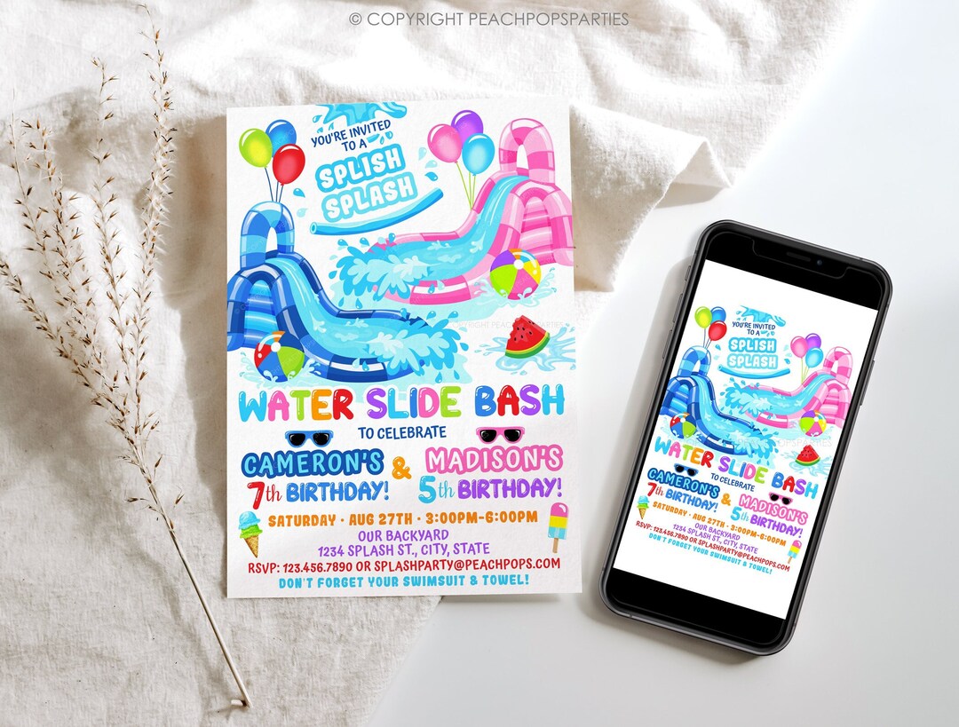 Editable Water Slide Birthday Splash Party Invitation Blue Pink ...