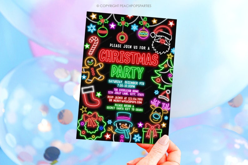 Editable Neon Christmas Party Invitation, DIGITAL Holiday Party Invite ...