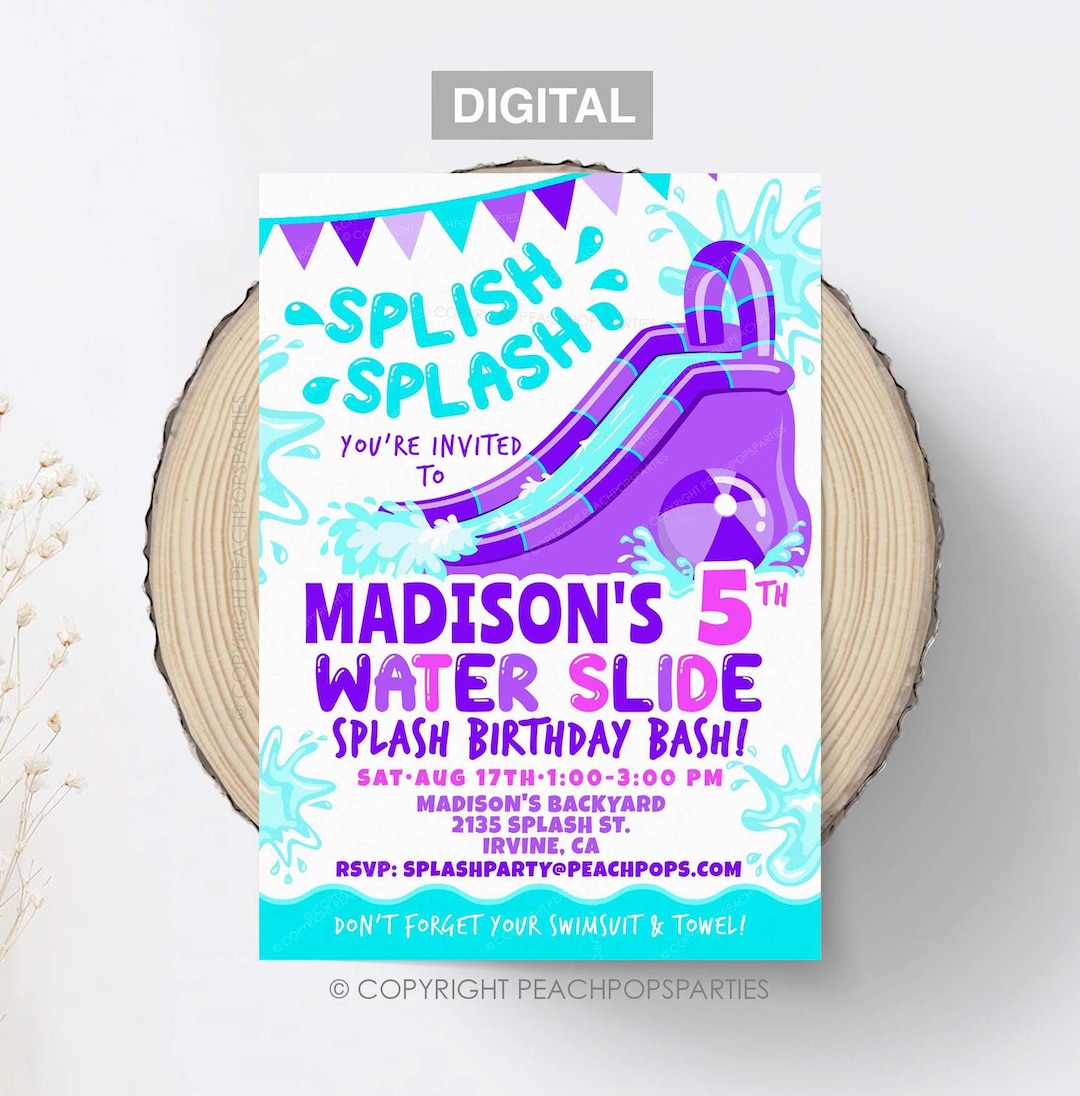 Editable Water Slide Birthday Splash Party Invitation PURPLE Waterslide ...