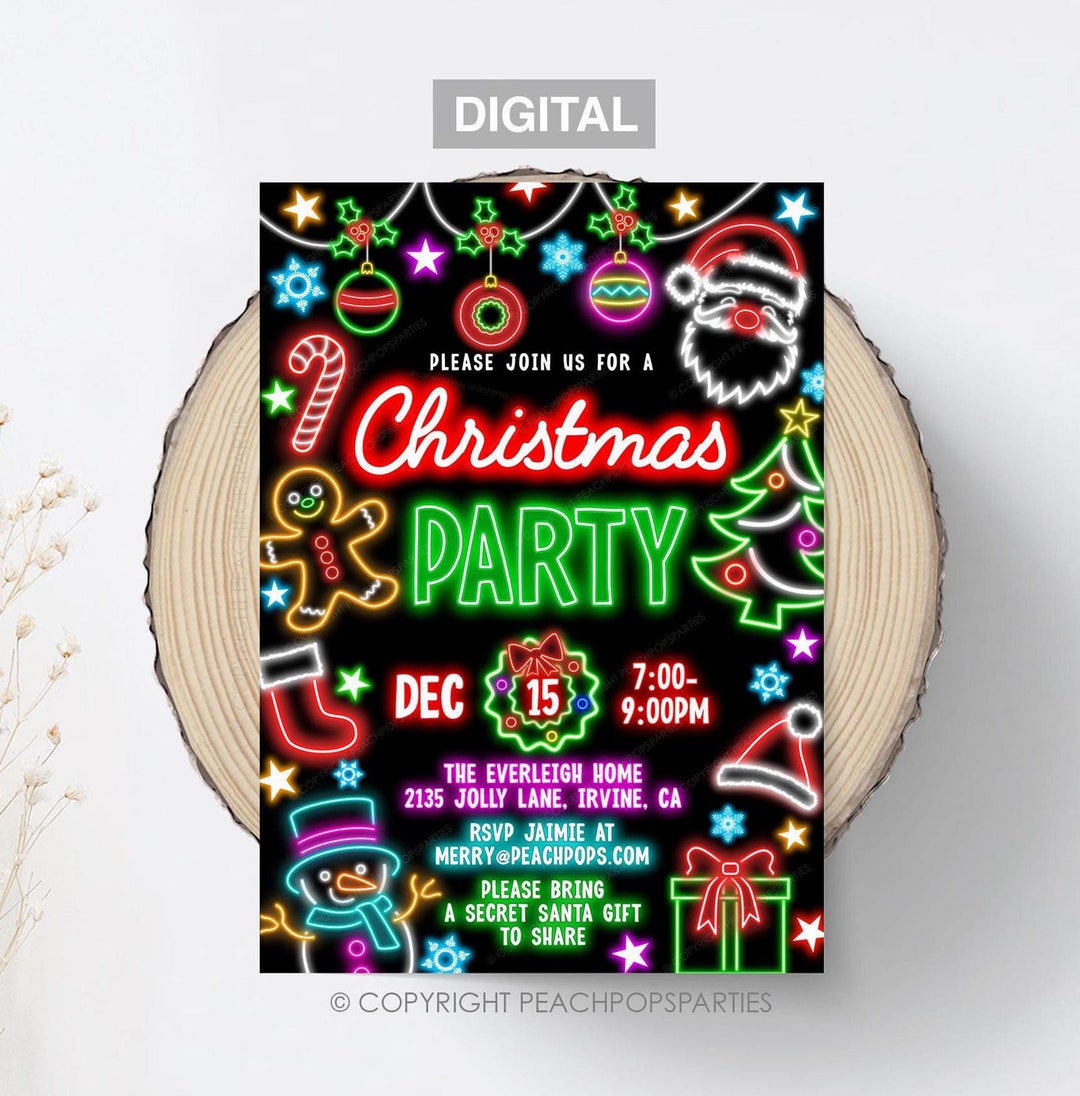 Neon Christmas Party Invitation, EDITABLE Holiday Party Invite, Xmas ...