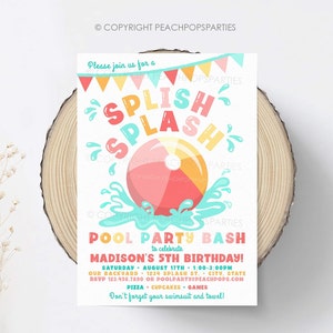 Editable Splish Splash Invitation Birthday Pool Party Invite Summer Girl Pink Beach Ball Water ...