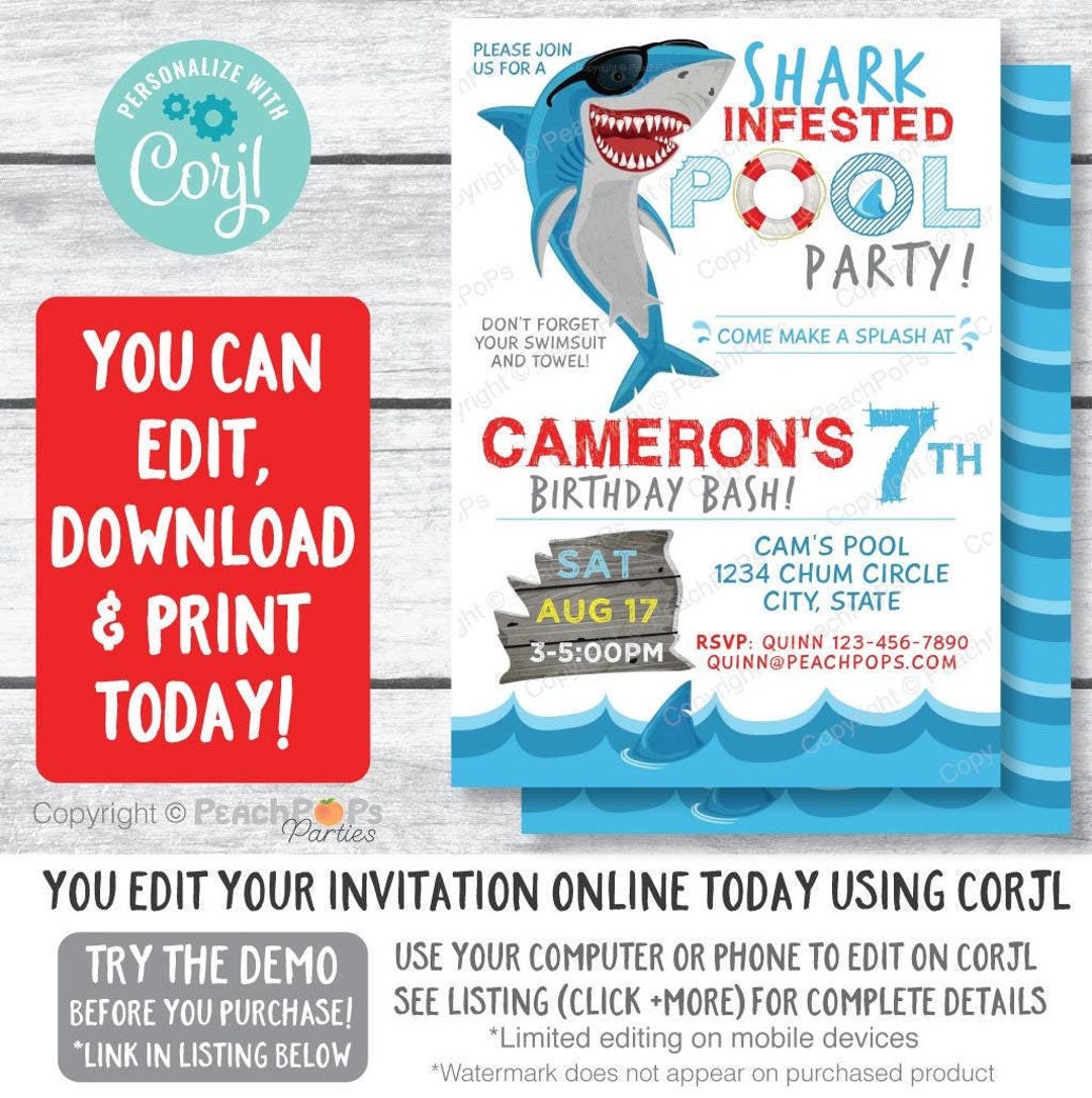Shark Party Invitation Shark Pool Party Birthday Bash Boy or Girl ...