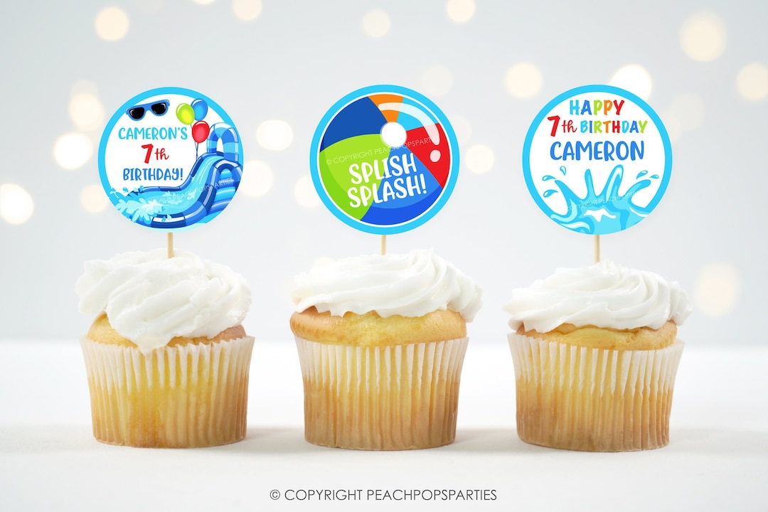 Cupcake Toppers Water Slide Birthday Toppers Pool Party Cake - Etsy
