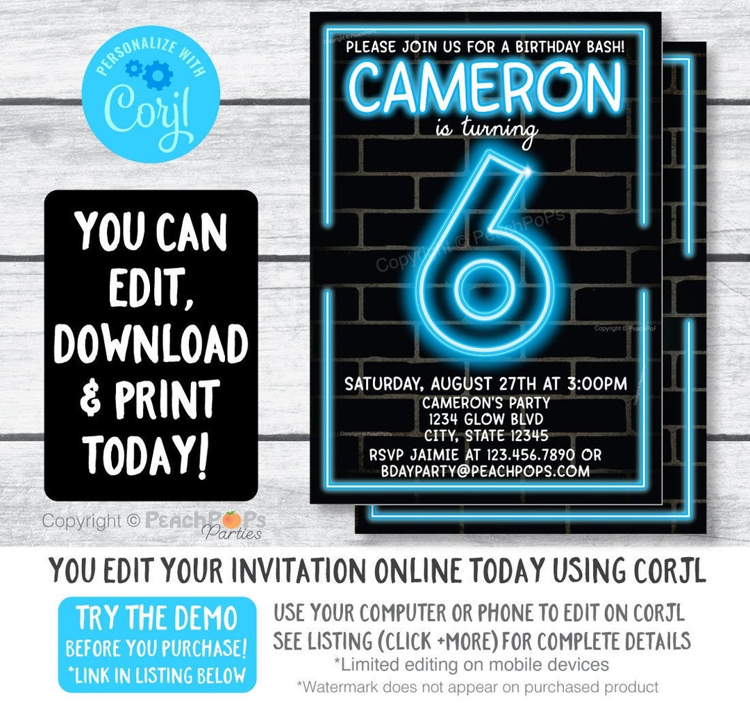 Neon Birthday Bash Editable Invitation Glow Party 6 6th - Etsy