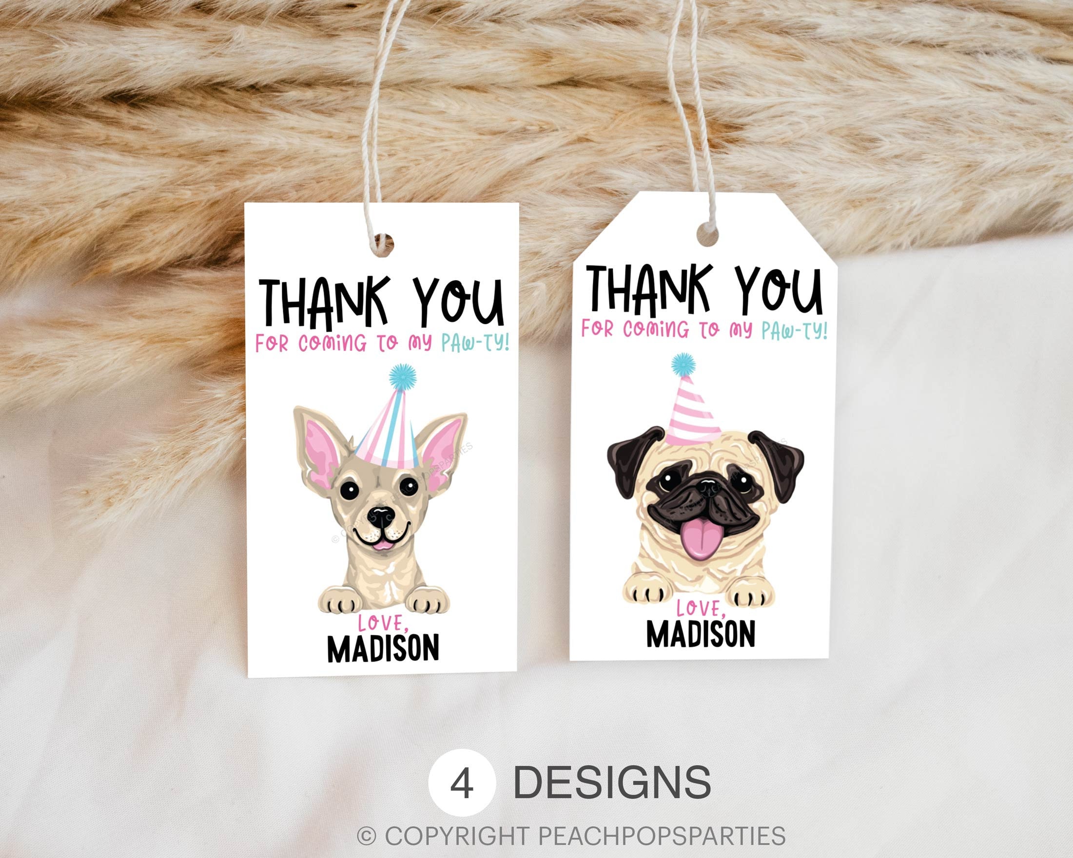 Editable Dog Pawty Thank You Gift Tag - 4 Dogs - Birthday Paw-ty Favor ...