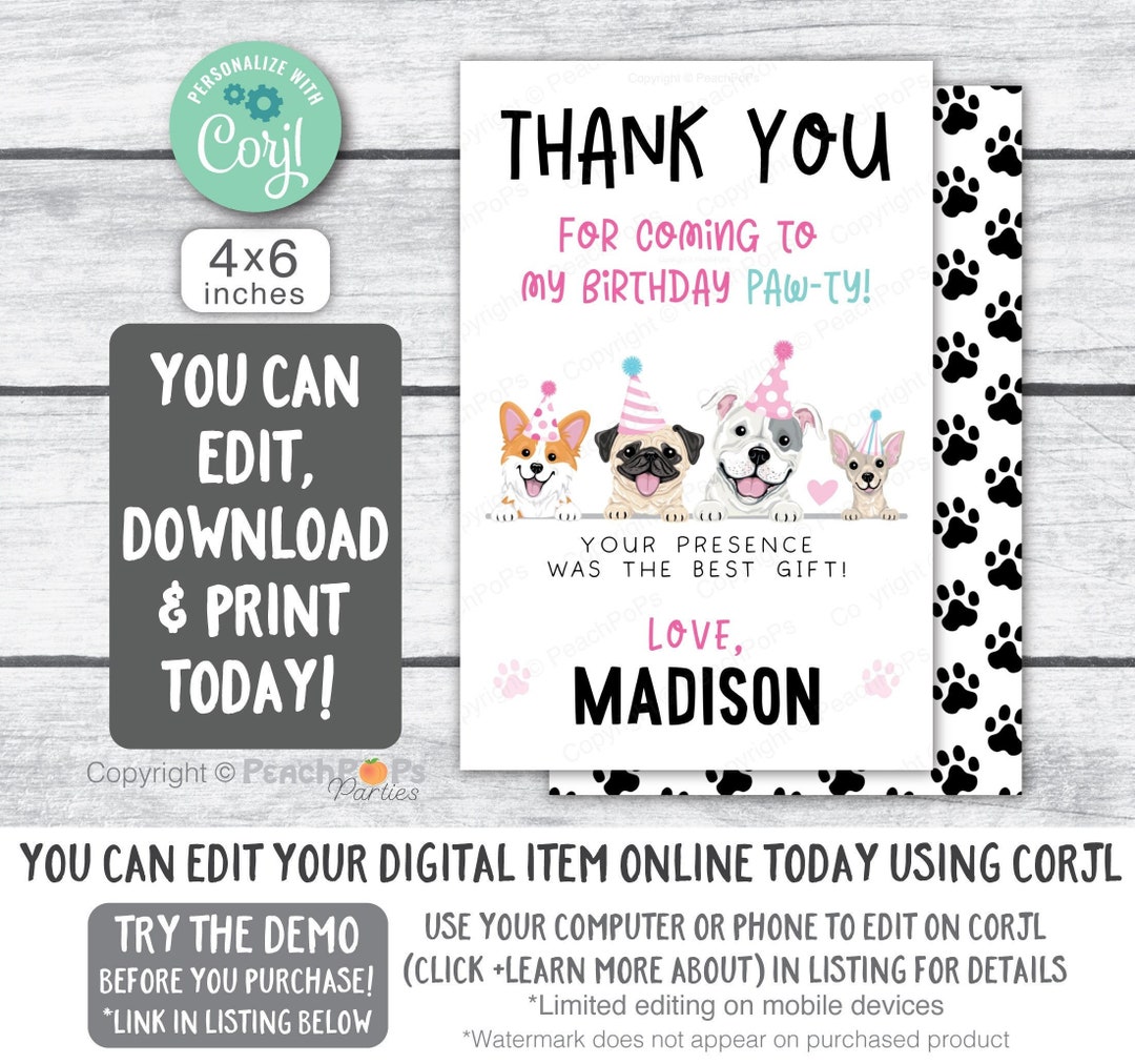 Editable Dog Pawty Thank You Card Puppy Birthday Thank You Note Pink ...