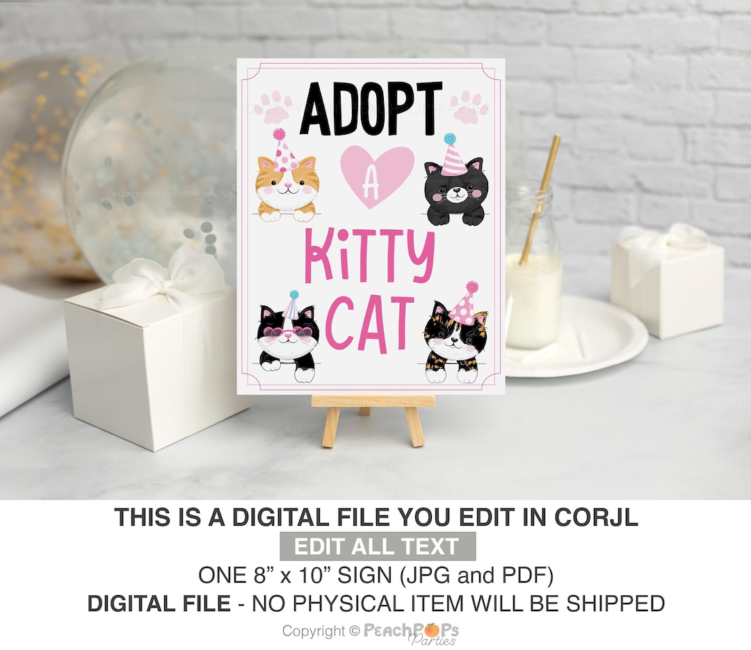 EDITABLE Cat Pawty Sign, DIGITAL Adopt a Kitty Cat Sign, Pink, Kitten ...