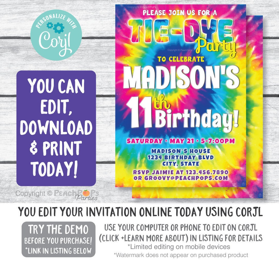 Editable Tie-dye Birthday Invitation Tie Dye Party Retro - Etsy
