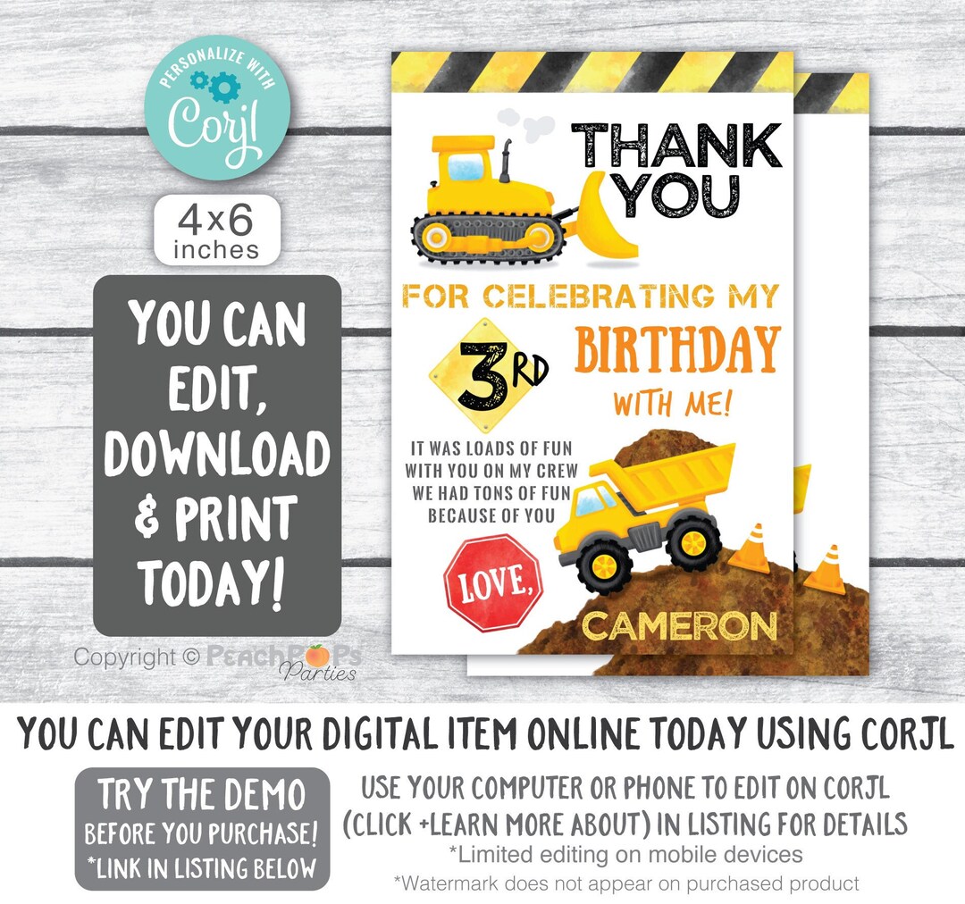 Construction Thank You Card - Editable - ANY Age - Dump Truck - DIGITAL ...