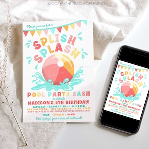 Editable Splish Splash Invitation Birthday Pool Party Invite Summer Girl Pink Beach Ball Water ...