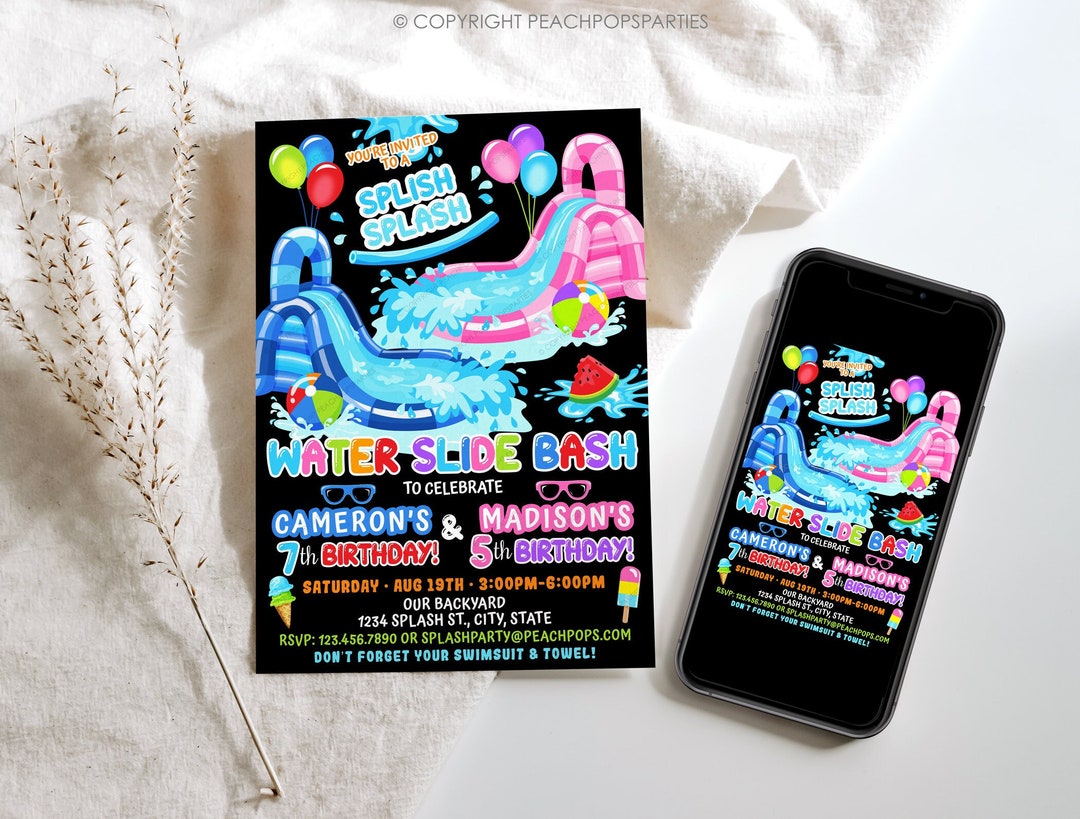 Editable Water Slide Invitation Waterslide Birthday Party Invite Blue ...
