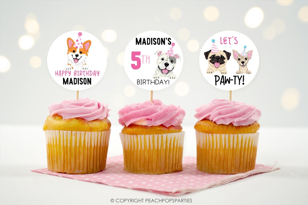 Cupcake Toppers Dog Birthday Toppers Puppy Pawty Circle Topper DIGITAL ...