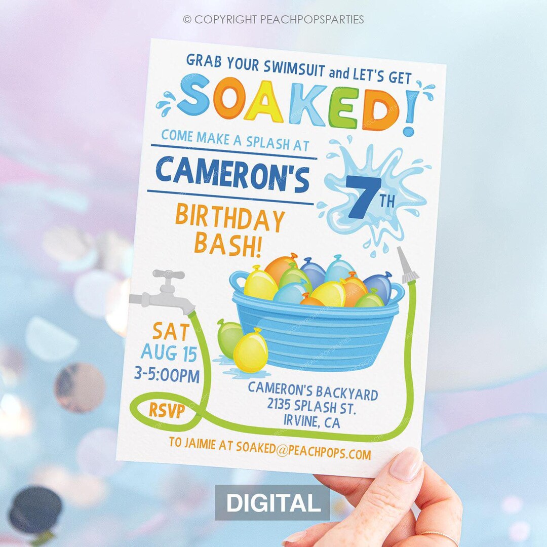 Water Balloon Invitation - Water Balloon Birthday Bash - Soaked Water ...