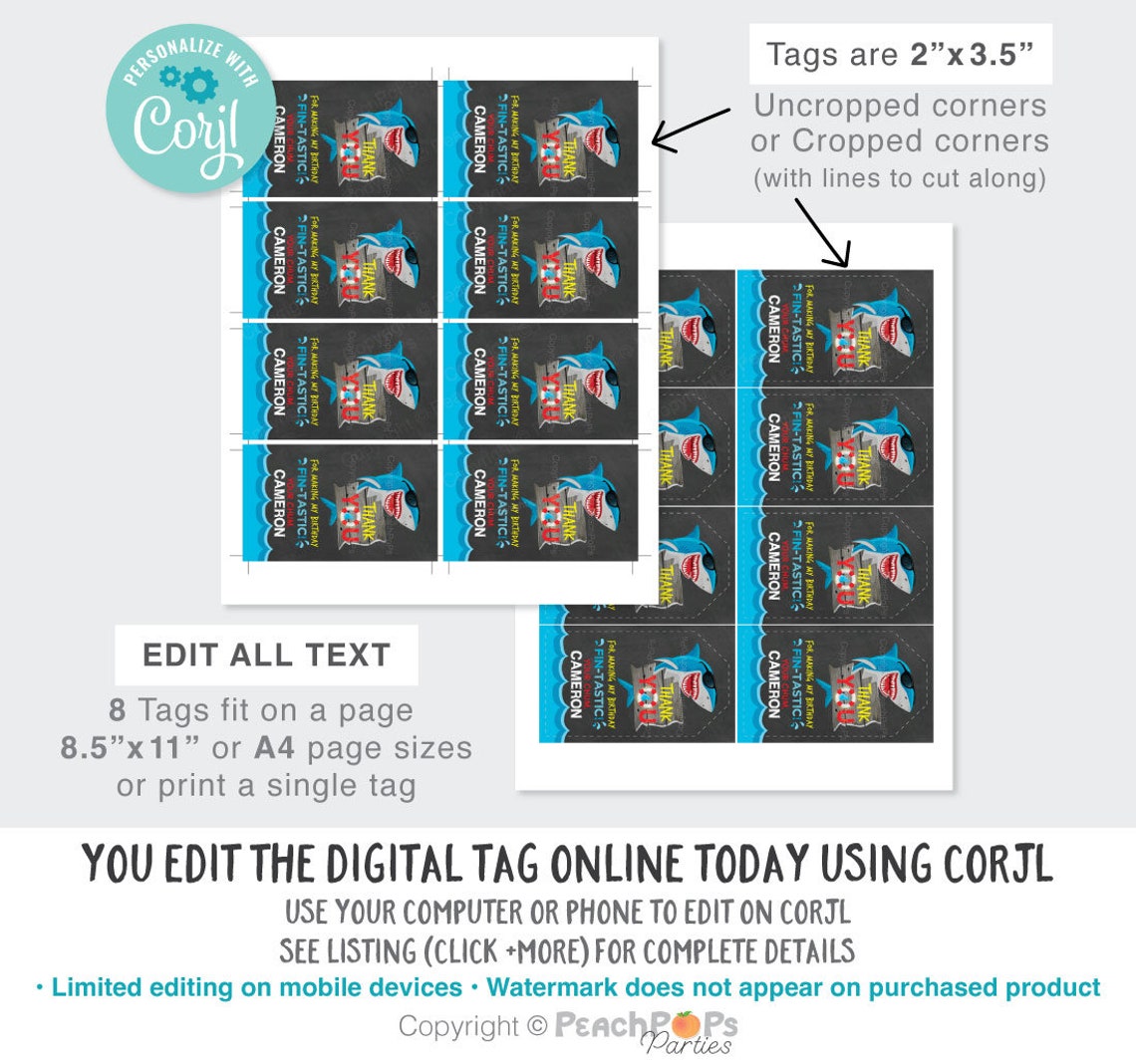 Editable Shark Birthday Thank You Tag - Ocean Birthday Favor Gift Tag ...