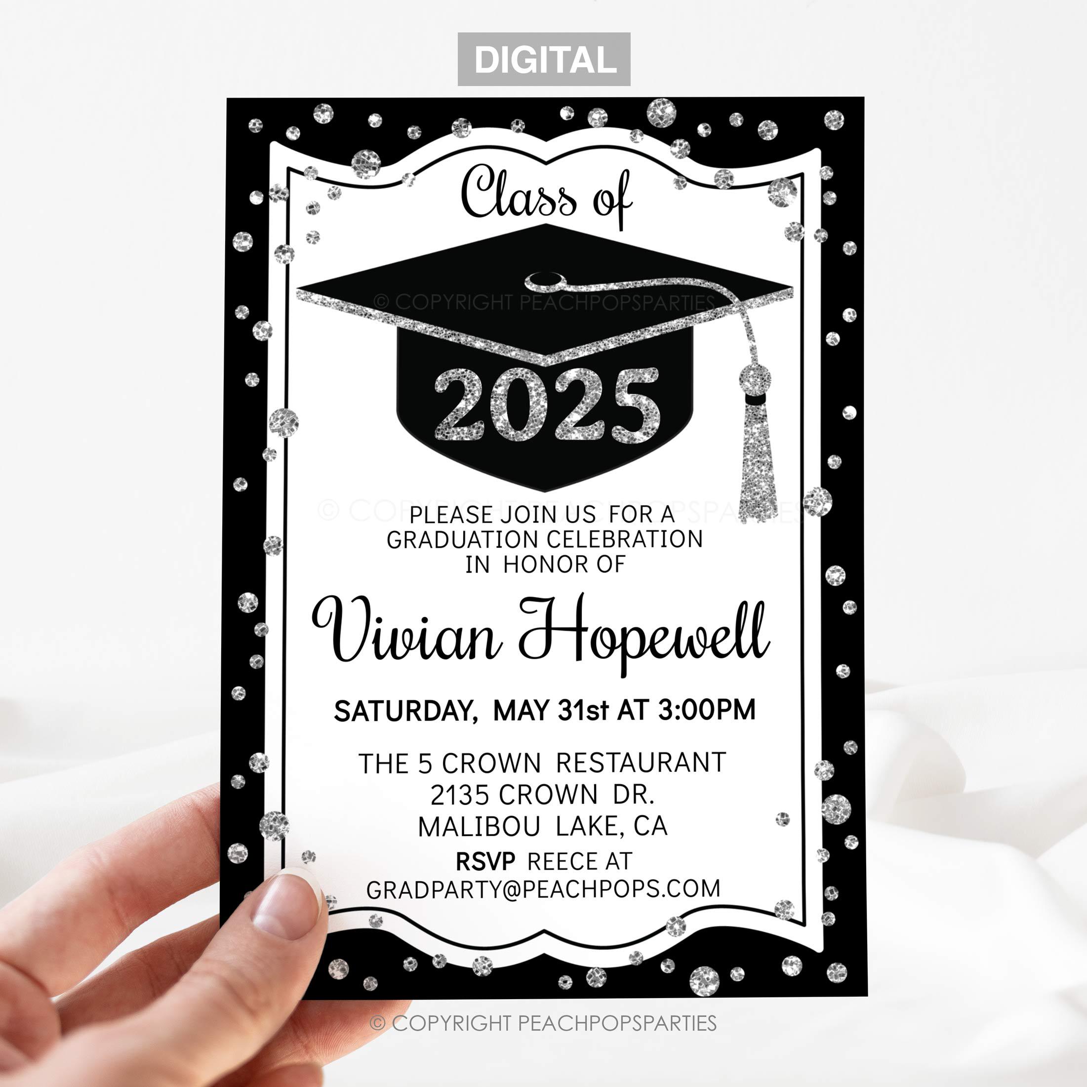 Graduation Invitation - High School - College - Silver Confetti Glitter ...