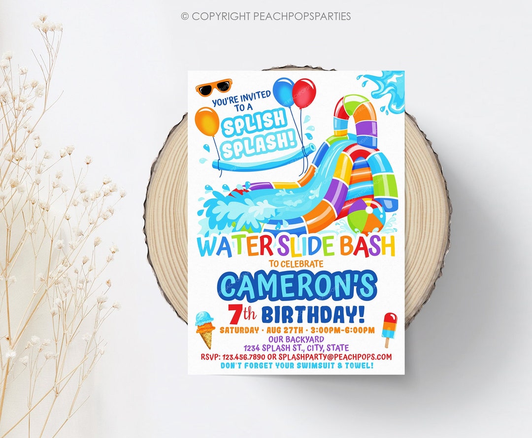 Editable Water Slide Birthday Splash Party Invitation Orange Red Blue ...