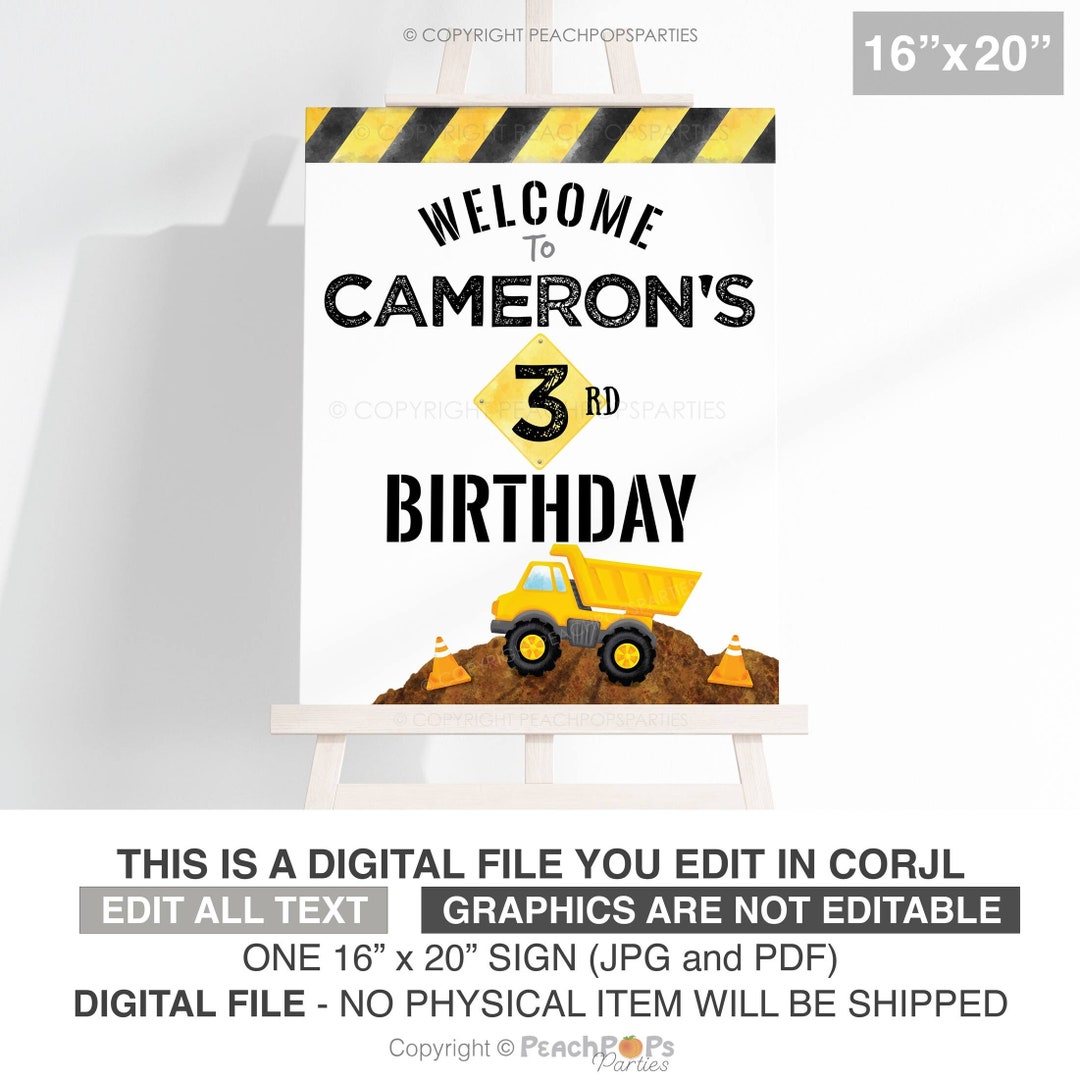 Construction Birthday Welcome Sign Editable DIGITAL Dump Truck Party ...