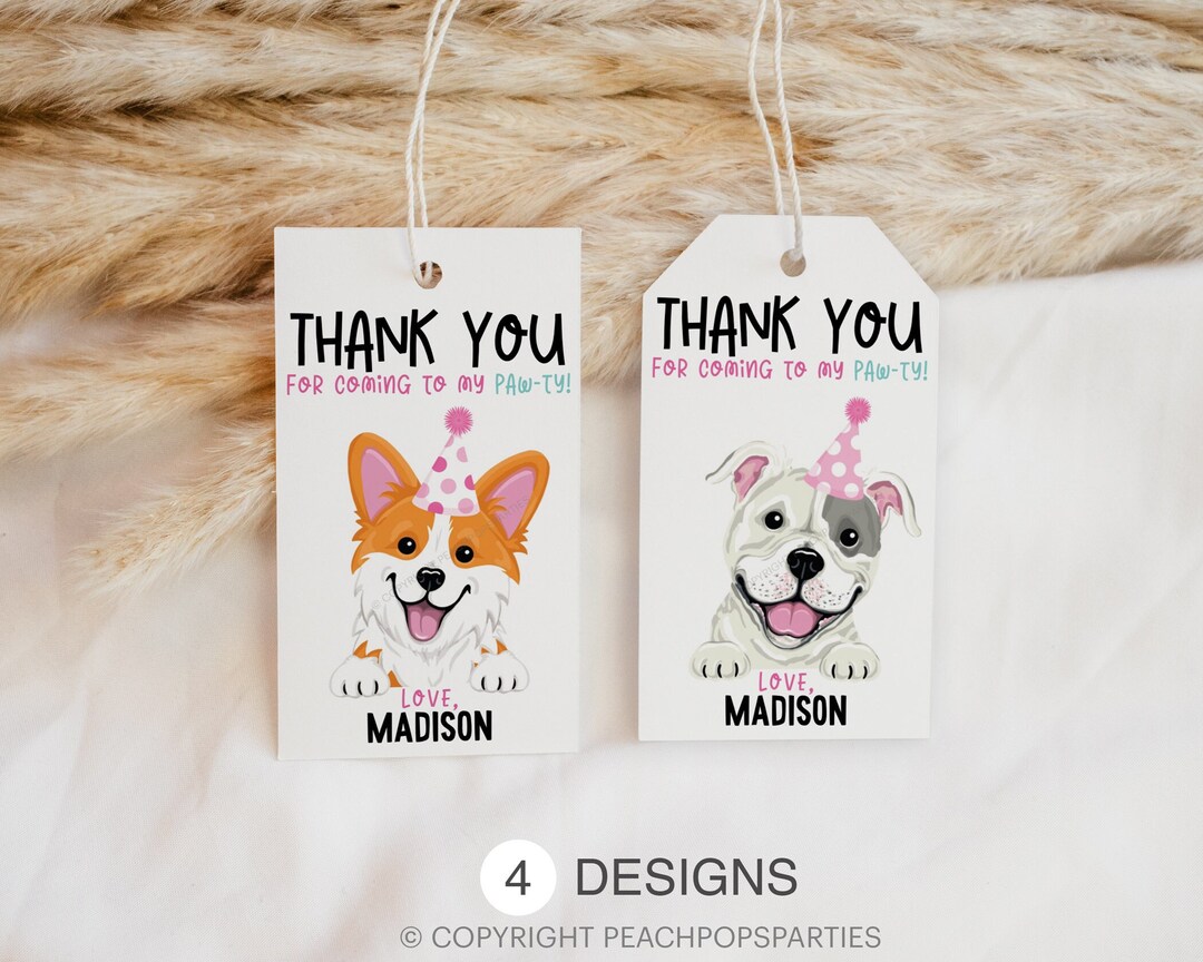 Editable Dog Pawty Thank You Gift Tag 4 Dogs Birthday Paw-ty Favor Tag ...