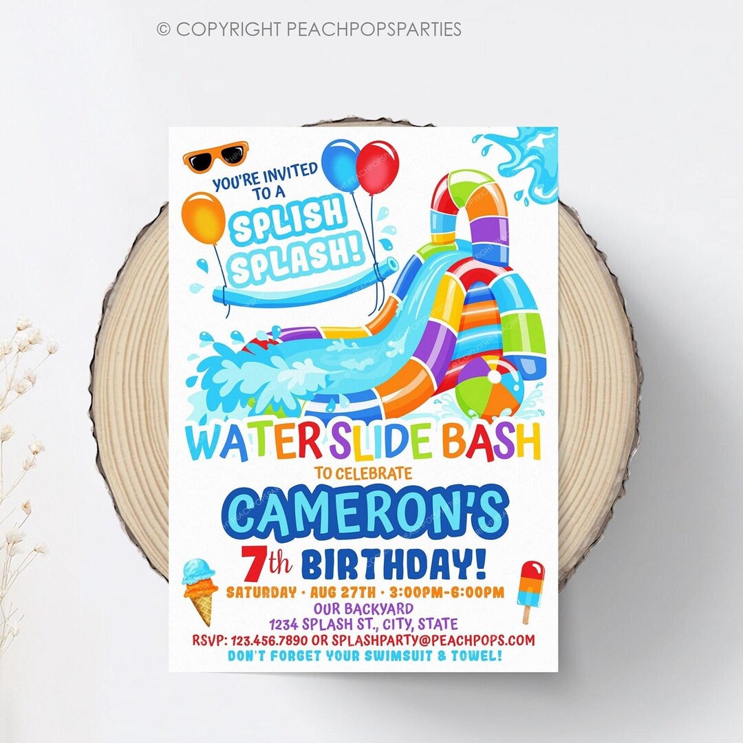 Editable Water Slide Birthday Splash Party Invitation Orange Red Blue ...