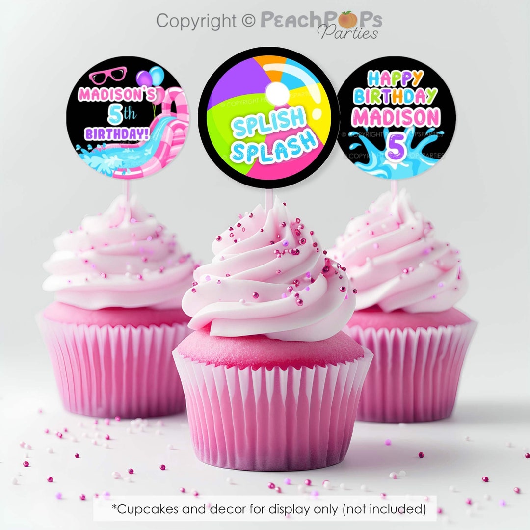 Water Slide Cupcake Toppers EDITABLE Birthday Waterslide Pink Cake ...