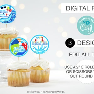 Cupcake Toppers Water Slide Birthday Toppers Pool Party Circle Topper ...