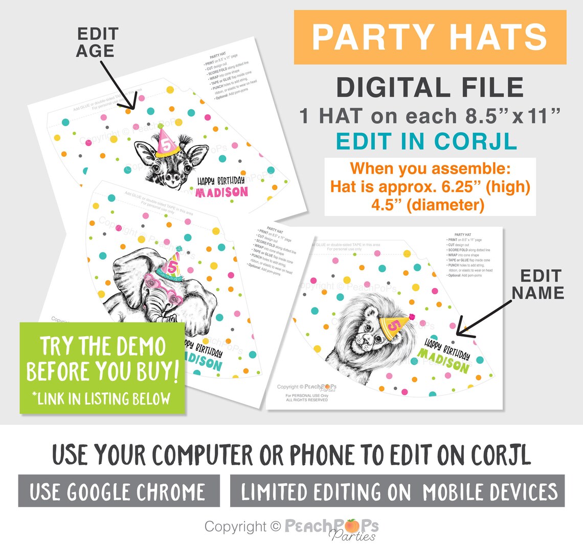 Editable Party Animals Hats Printable Safari Party Animal Hats DIGITAL ...