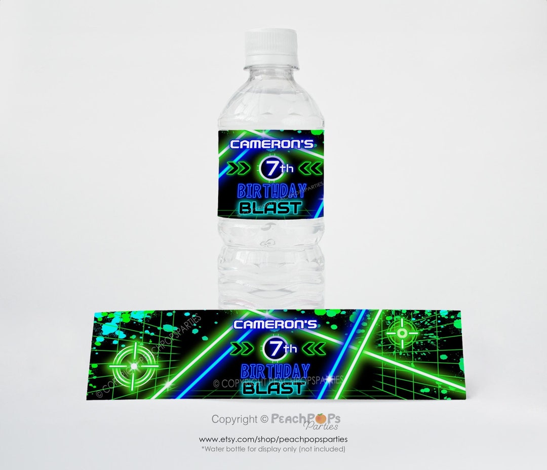 Editable Laser Tag Water Bottle Label Neon Party Glow Game Birthday ...