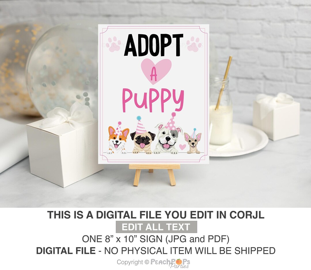 EDITABLE Dog Pawty Sign, DIGITAL Adopt a Puppy Sign, Pink, Dog Adoption ...