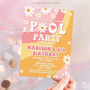Editable Retro Pool Party Invitation Daisy Boho Invite Summer Birthday ...