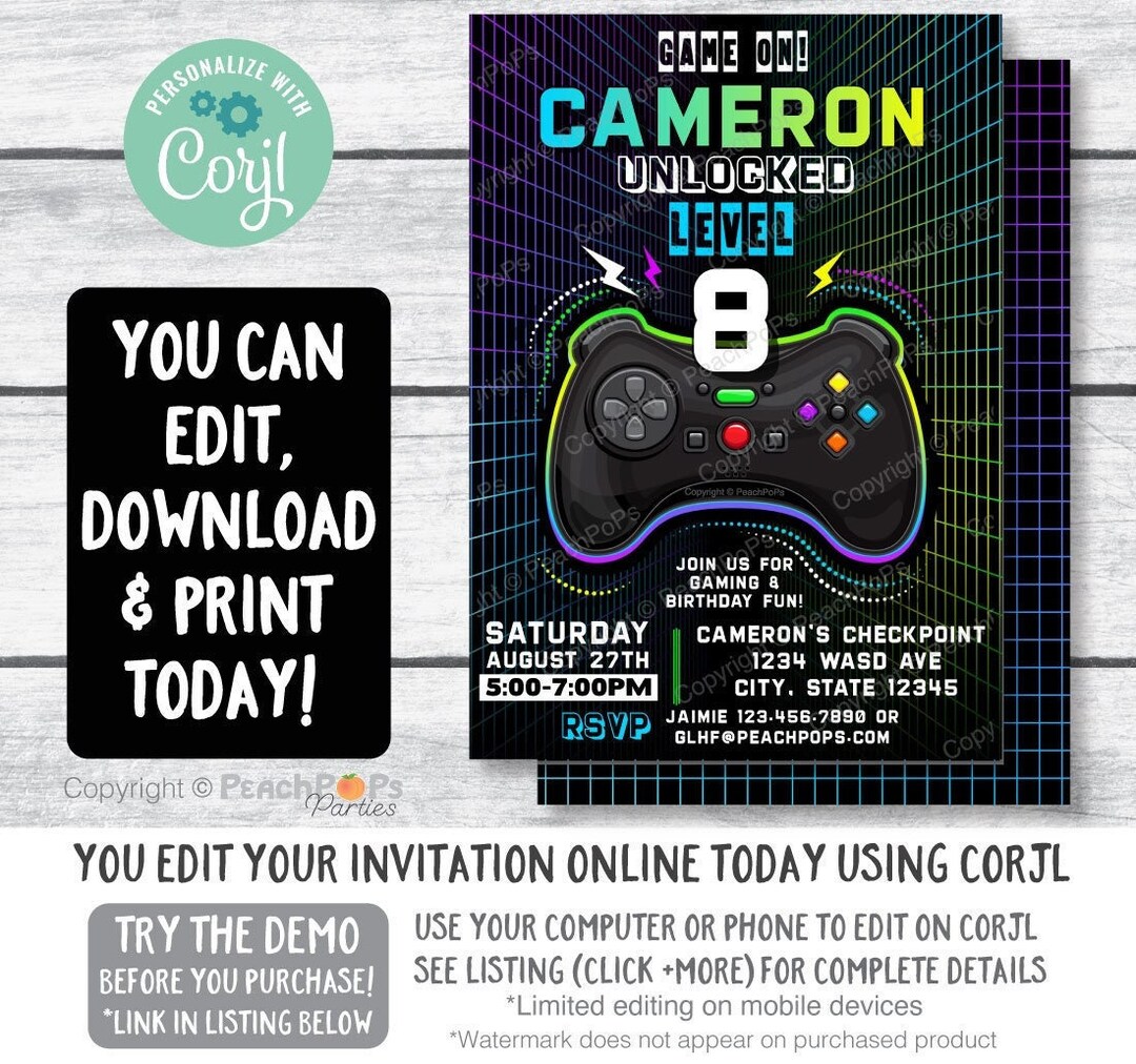 Editable Video Game Birthday Party Invitation, ANY AGE, Gamer, Gaming ...
