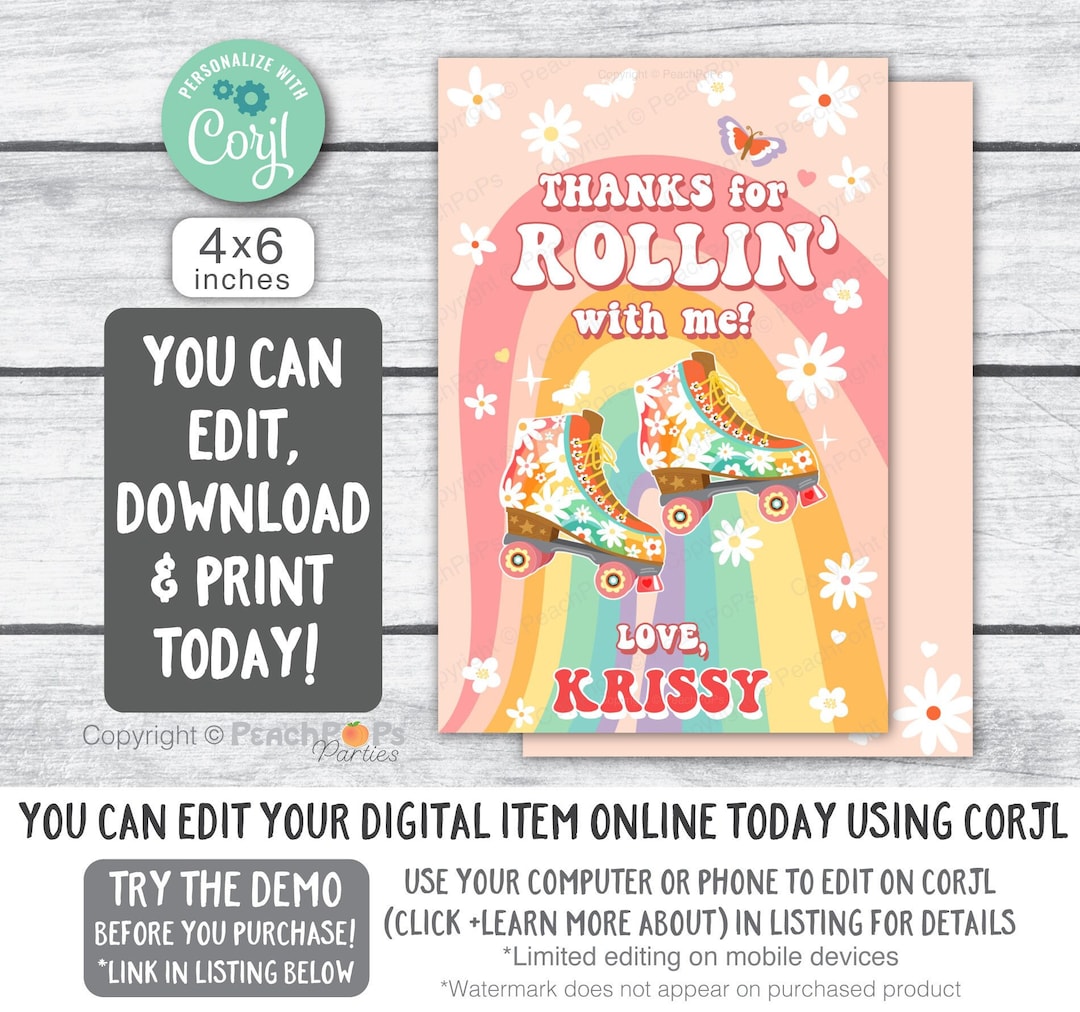 Groovy Roller Skate Thank You Card Editable ANY Age - Etsy