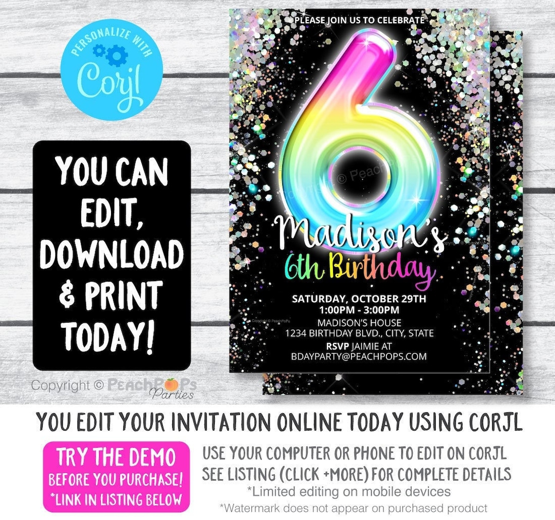 6th Birthday Glitter Party Invitation Editable ANY Age Rainbow ...