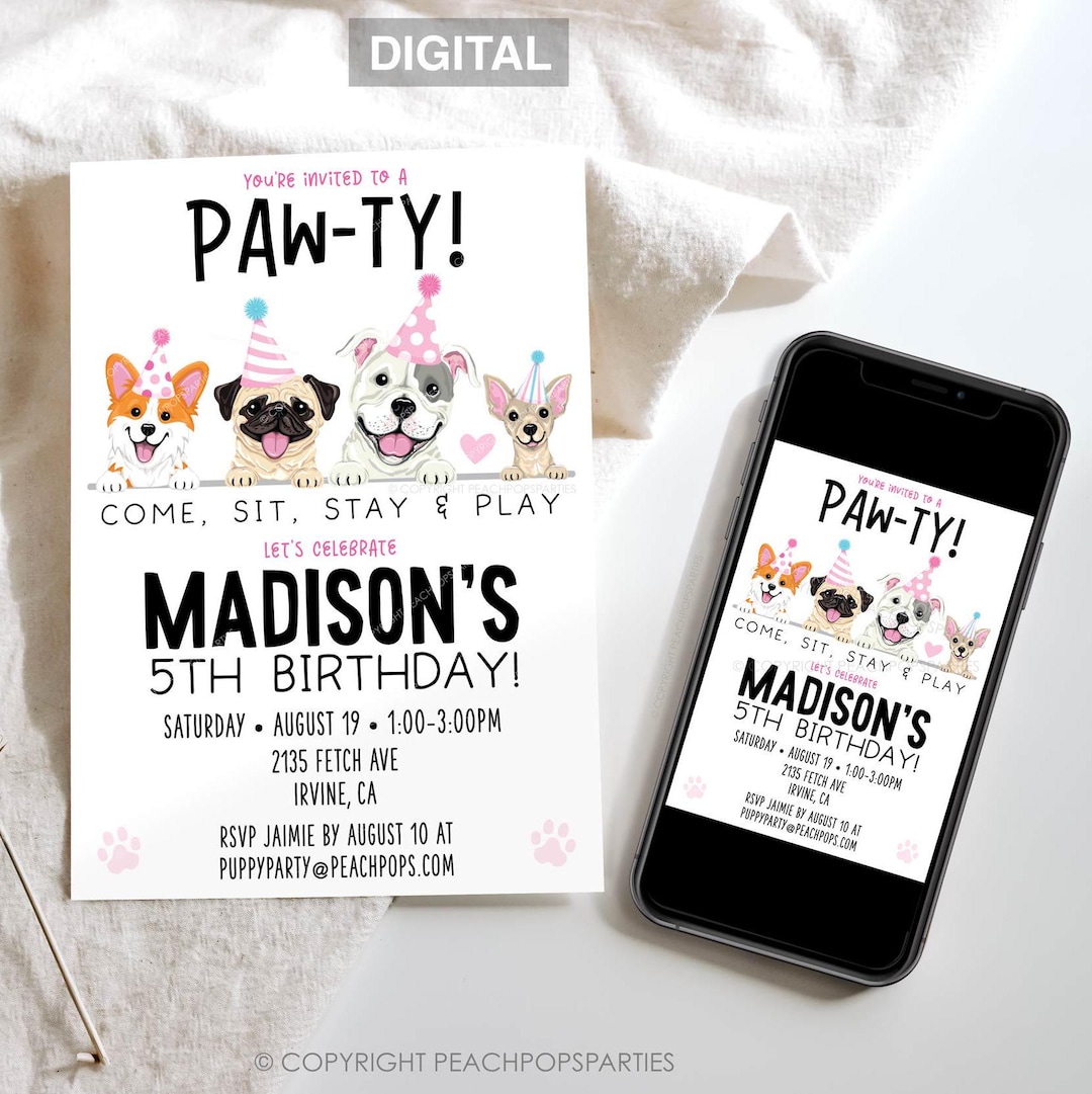Pawty Birthday, Editable Puppy Dog Invitation, Pink, Dog Birthday, Girl ...