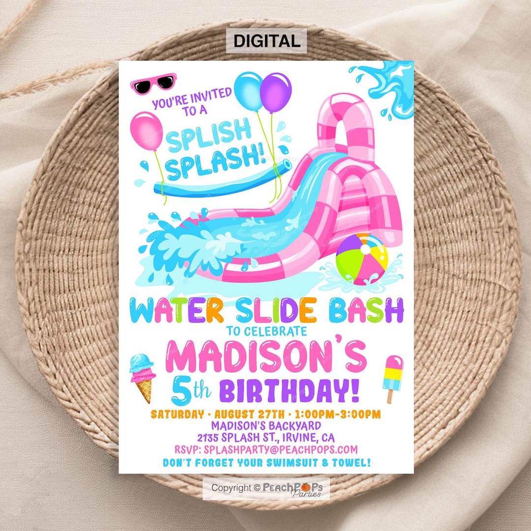 Editable Water Slide Birthday Splash Party Invitation - PINK - Any Age ...