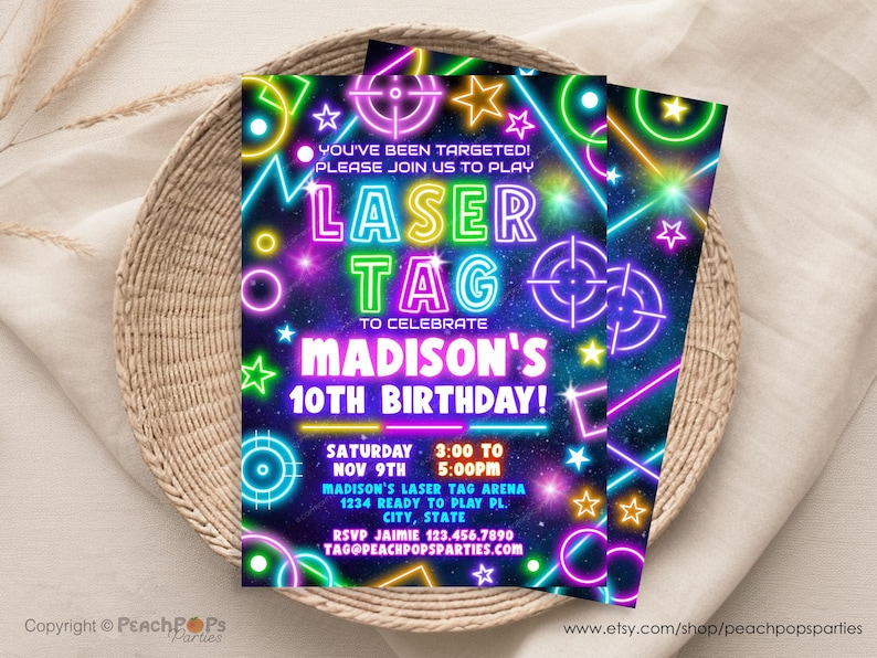 Neon Laser Tag Birthday Invitation EDITABLE Glow Party Game Invite ...