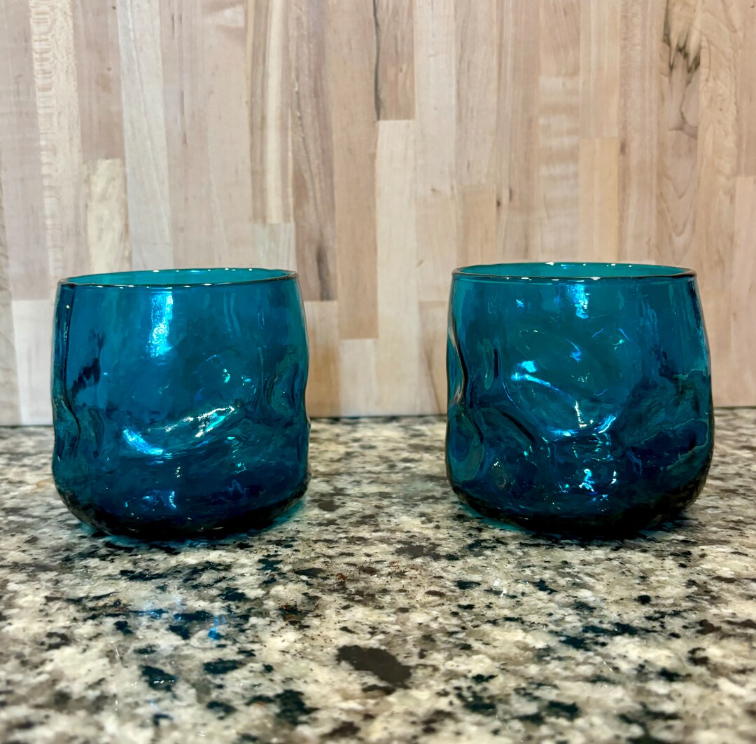 Set of 2 Peacock Blue Thumbprint Dimple Crinkle Glass Likely Blenko ...