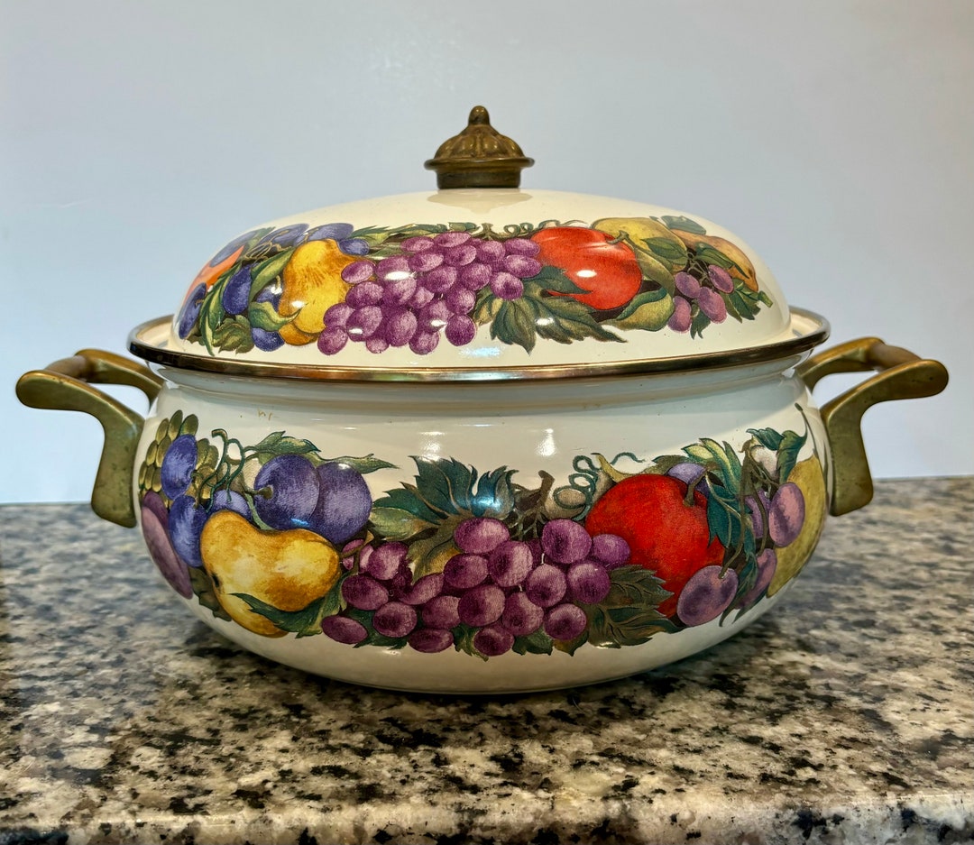 Vintage Enamel Cooking Pot W/ Lid | LINCOWARE Beige Enamel Brass Fruit ...