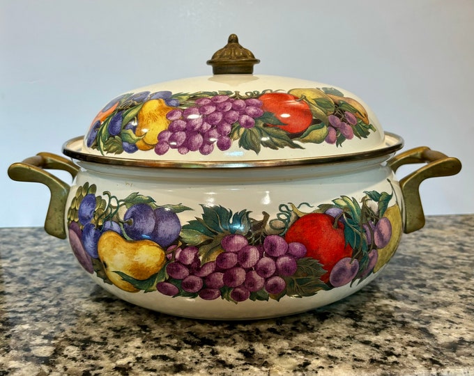 Vintage Enamel Cooking Pot W/ Lid | LINCOWARE Beige Enamel Brass Fruit ...