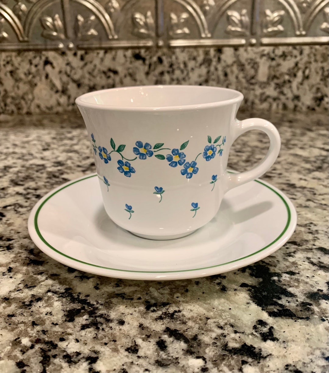 Corelle by Corning Set of Tea Cup and Saucer Coffee Mug Forget Me Not ...