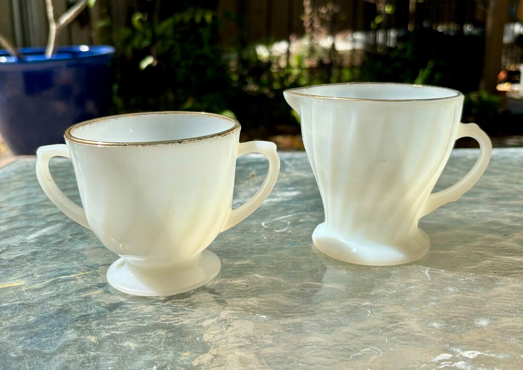 Fire King Swirl Milk Glass Sugar Bowl Creamer Set 22 Karat Gold Trim ...