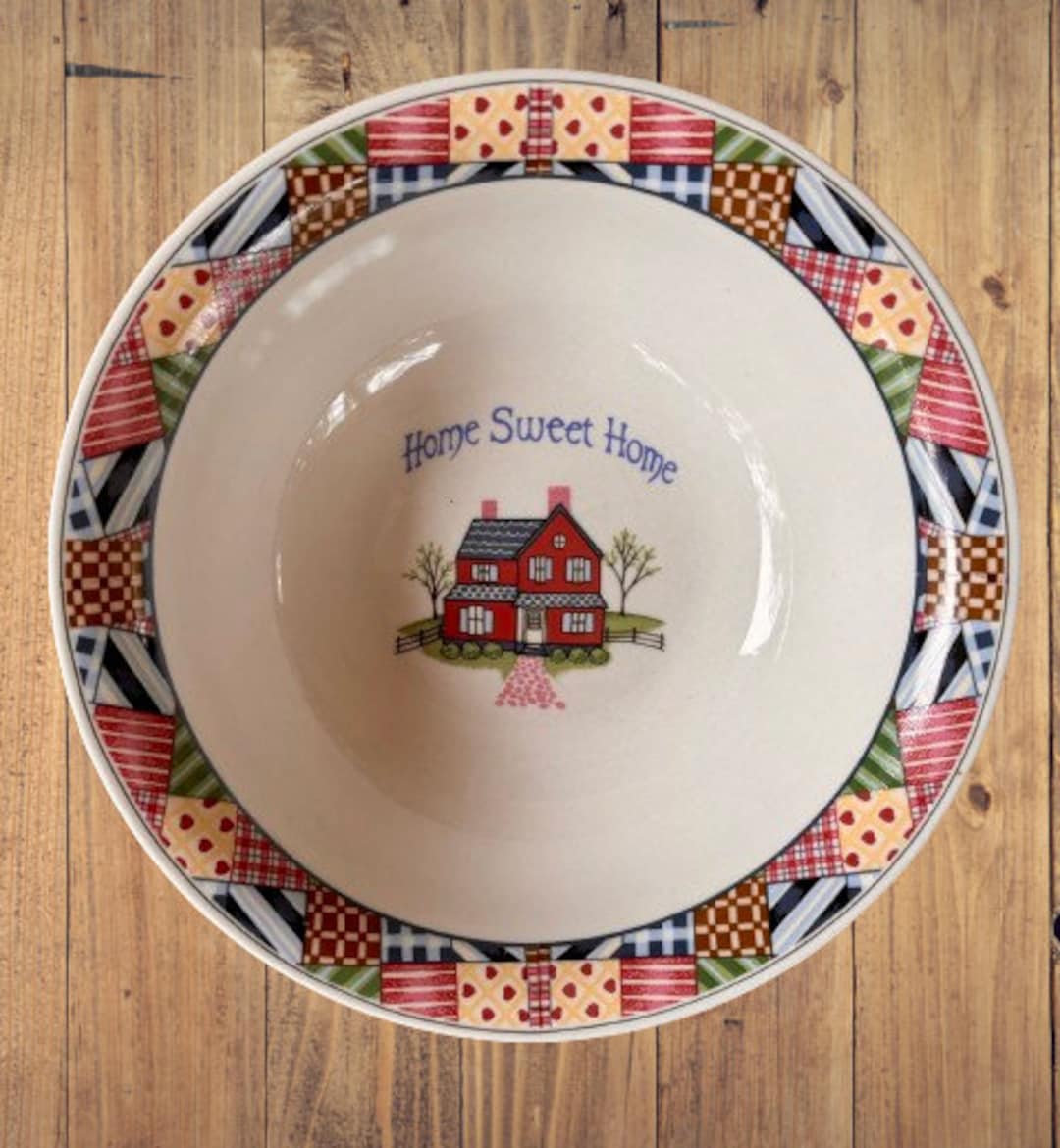 Vintage 1980's Farmhouse Home Sweet Home Bowl Patchwork Quilt Border ...