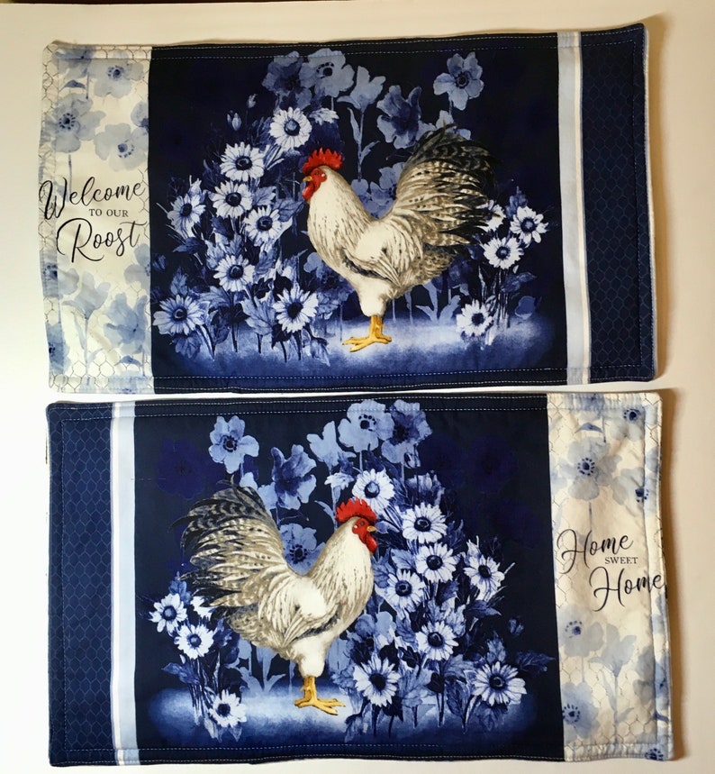 Rooster Placemats, Rooster Placemat Set, Blue Placemats With Roosters ...